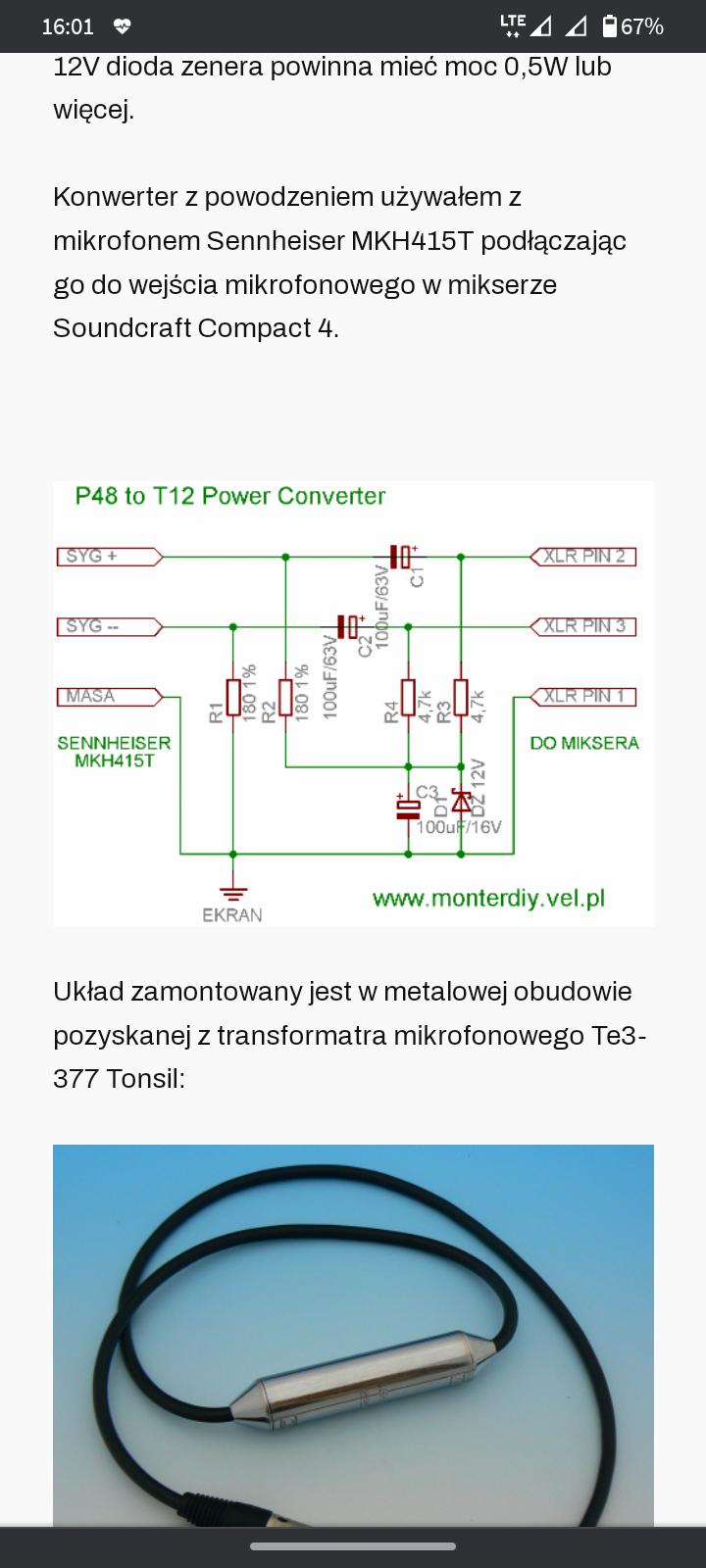 Sennheiser MKH 405 - mikrofon z dorobionym konwerterem 48V na 12 nie działa