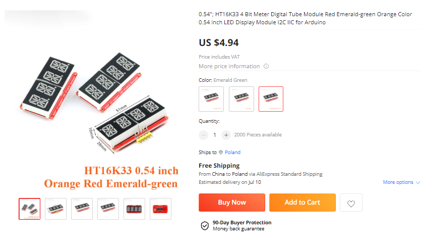 HT16K33 moduł wyświetlacz LED alfanumeryczny 14 segmentów 4 znaki ...