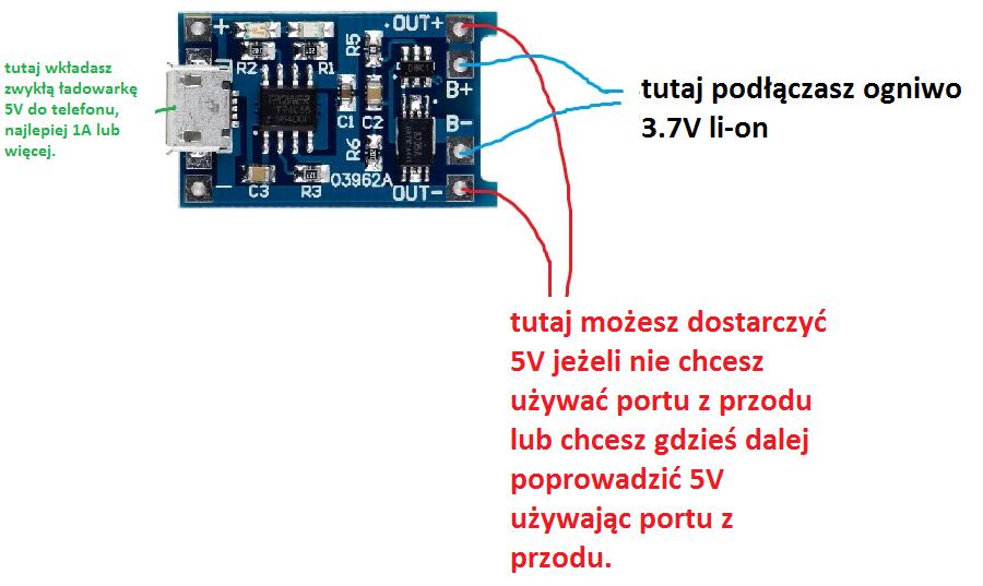 Ładowarka Li-lion (mini) 03962A z wyjściem - podłączenie