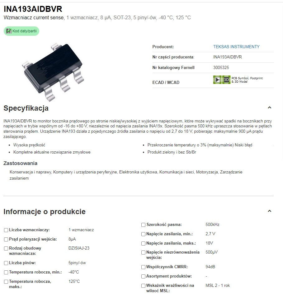 Dostępny zamiennik dla układu INA193 Texas Instruments w Polsce