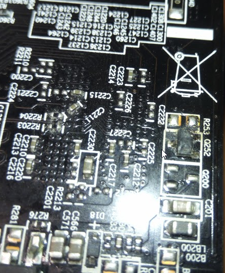 Spalony element w karcie graficznej Radeon R7360C-2GD rev.1.0