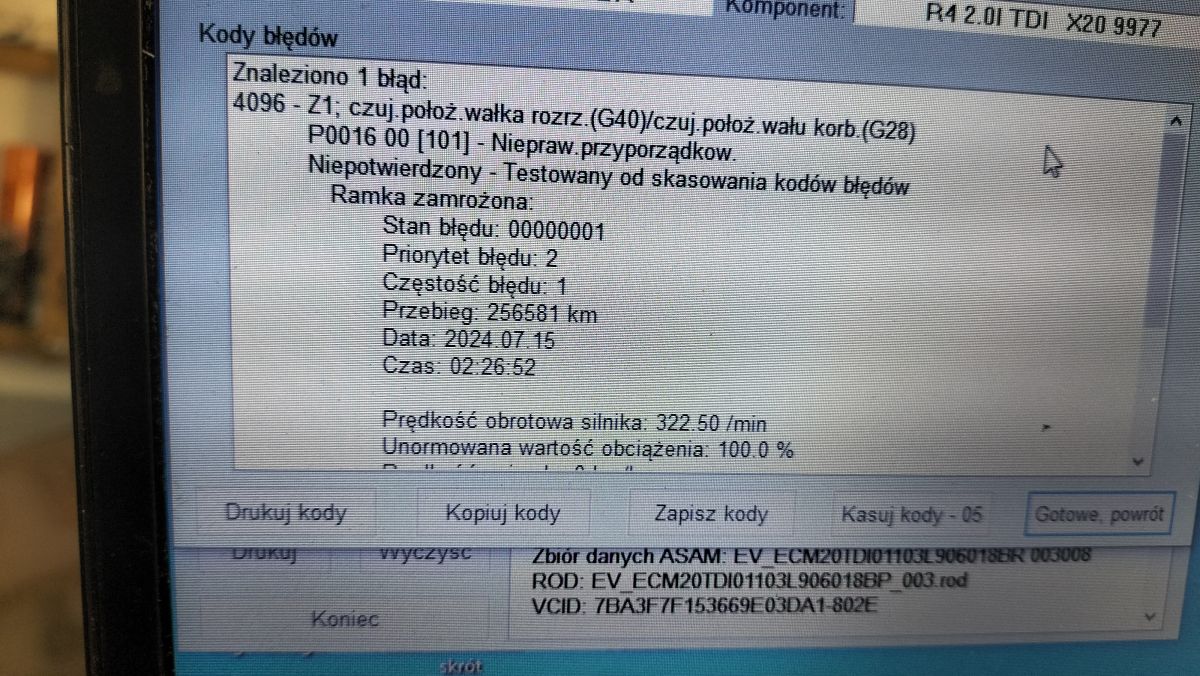Błąd P001600 silnik po remoncie 2.0 tdi cr CFHC skoda yeti