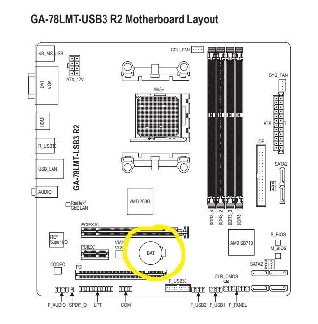 Płyta główna GA-78LMT-USB 3 R2, a bateria. - elektroda.pl