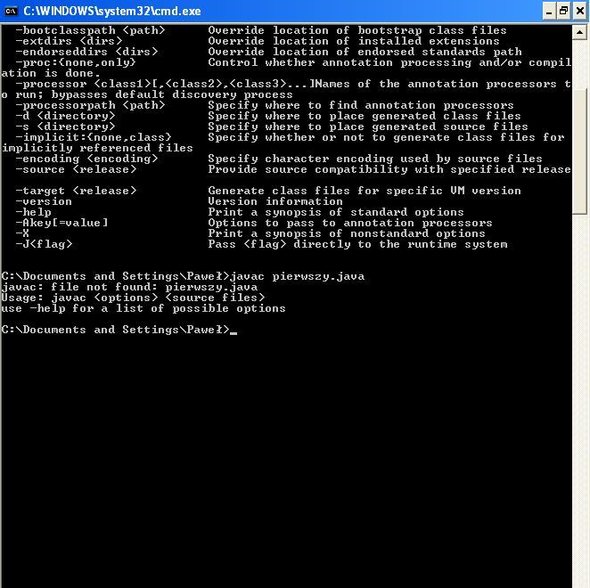 Kompilacja programów Java w konsoli XP - problem ze ścieżką do pliku