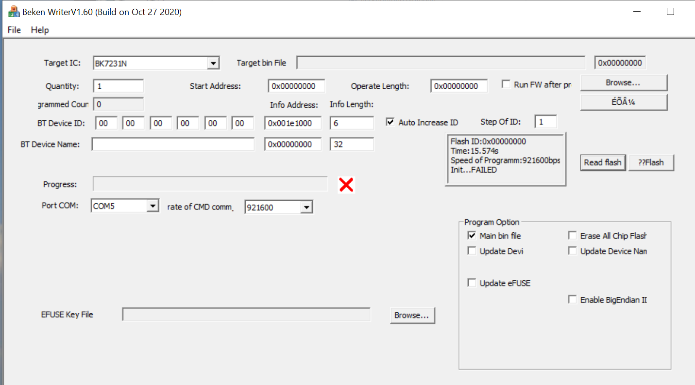 Zmai-90 CBU Module Flash Reading Issue: Beken Writer 1.60 Error ...
