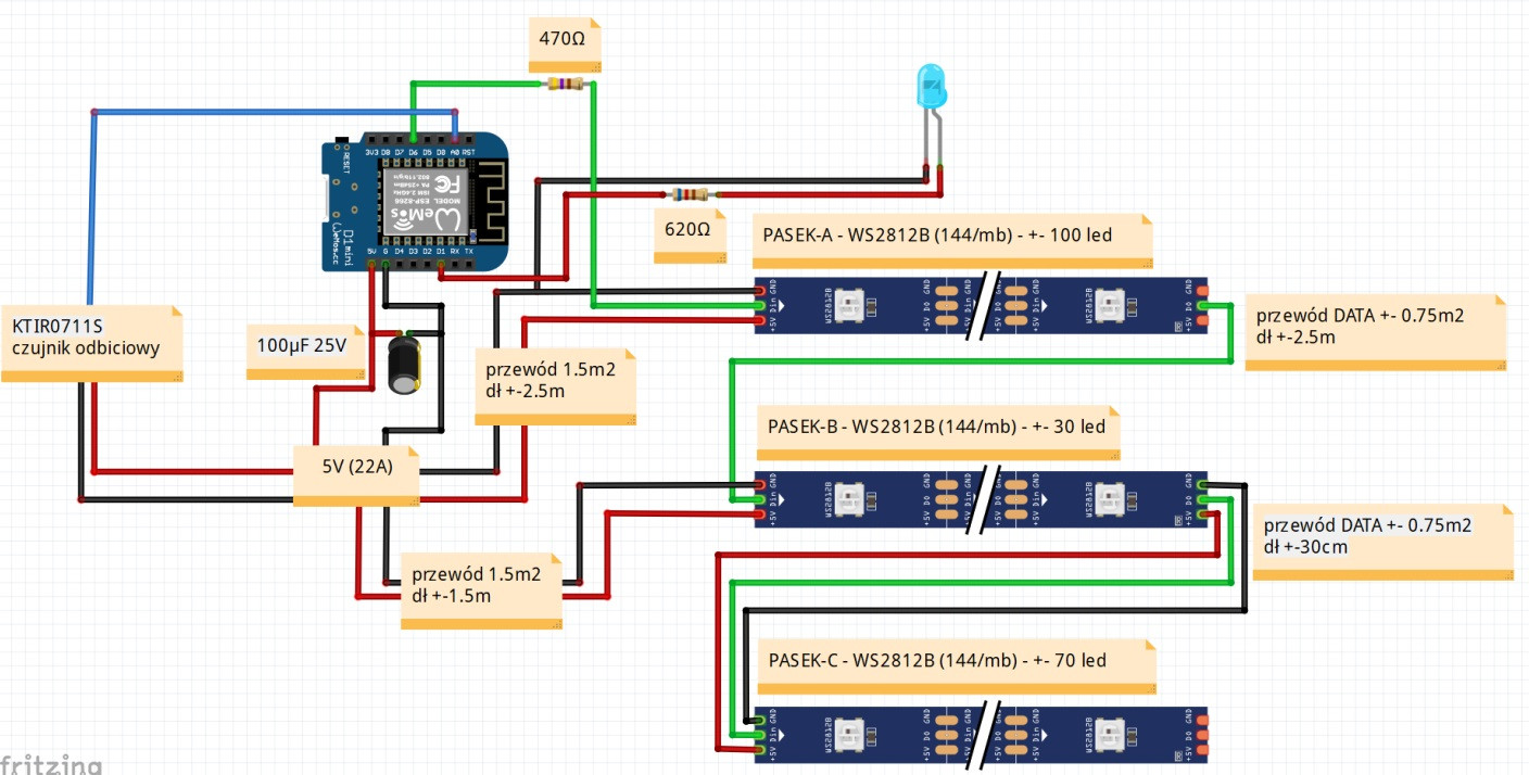 Konfiguracja Wemos D1 mini z paskami LED WS2812B i czujnikiem KTIR0711S