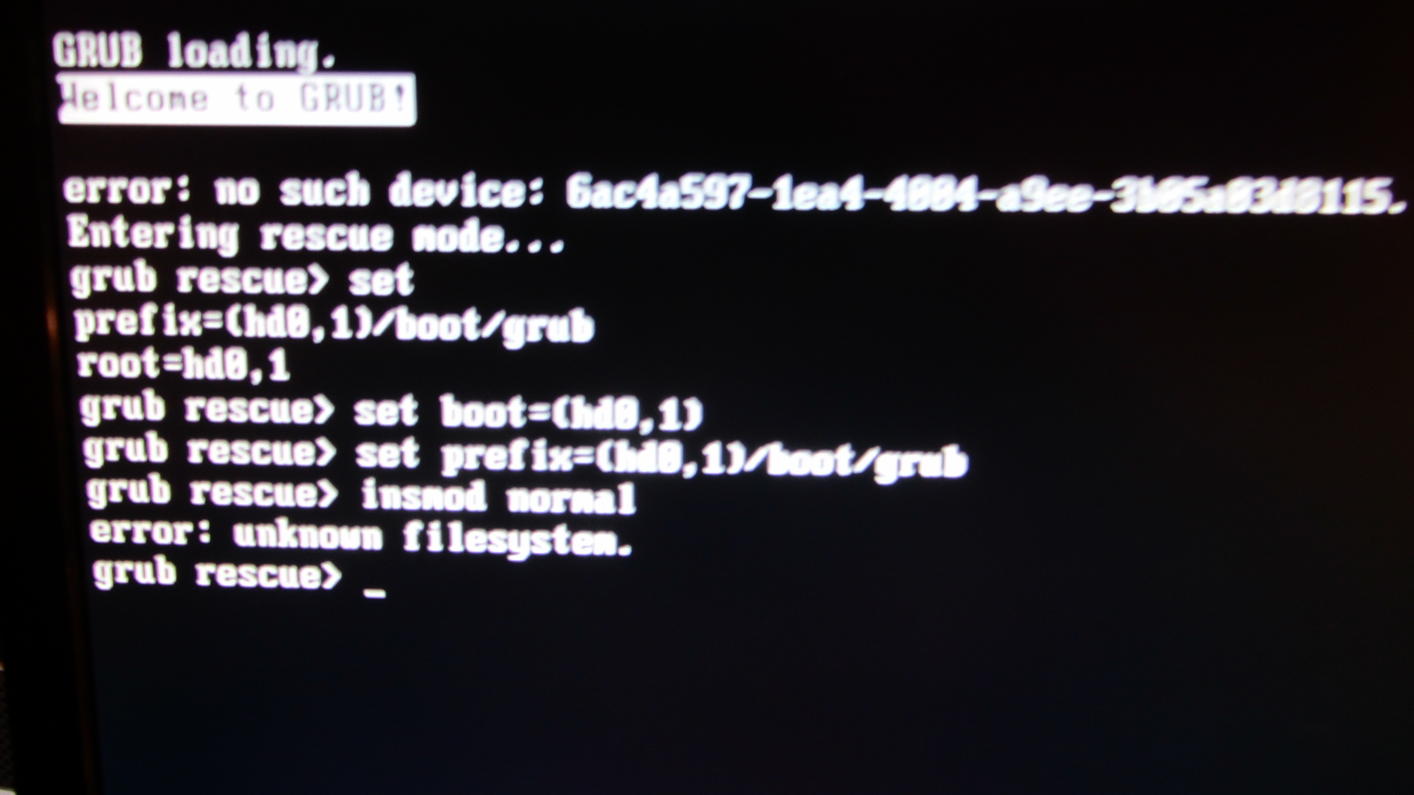 GRUB Rescue: Unknown Filesystem po usunięciu Linuxa, brak plików GRUBa