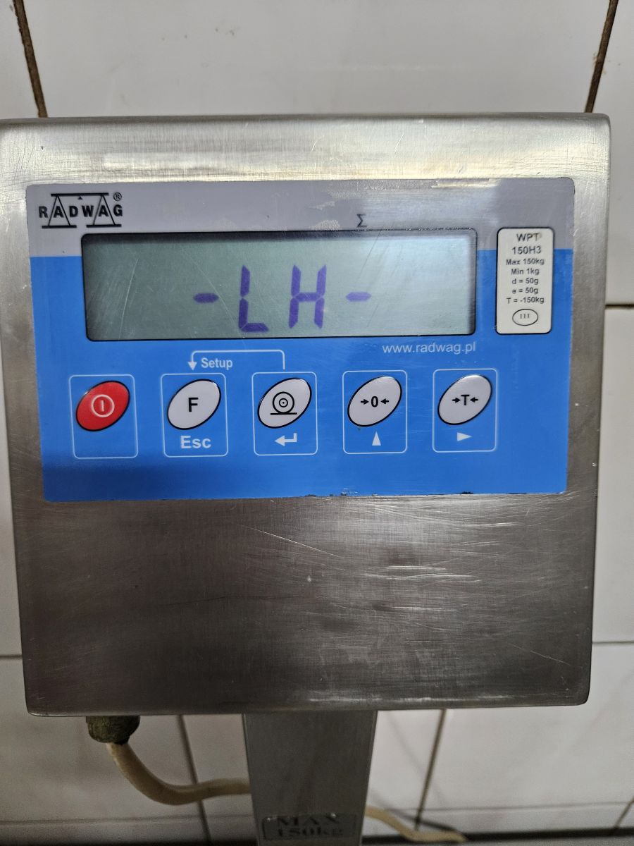 Waga Radwag WPT 150 - komunikat LH, tarowanie po pojemniku 2 kg