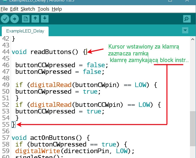 Jak poprawnie używać klamr i instrukcji break w kodzie Arduino?