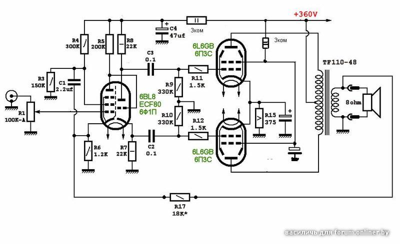 Jak zbudować prosty wzmacniacz przeciwsobny na lampach 6Π3 do radia i ...