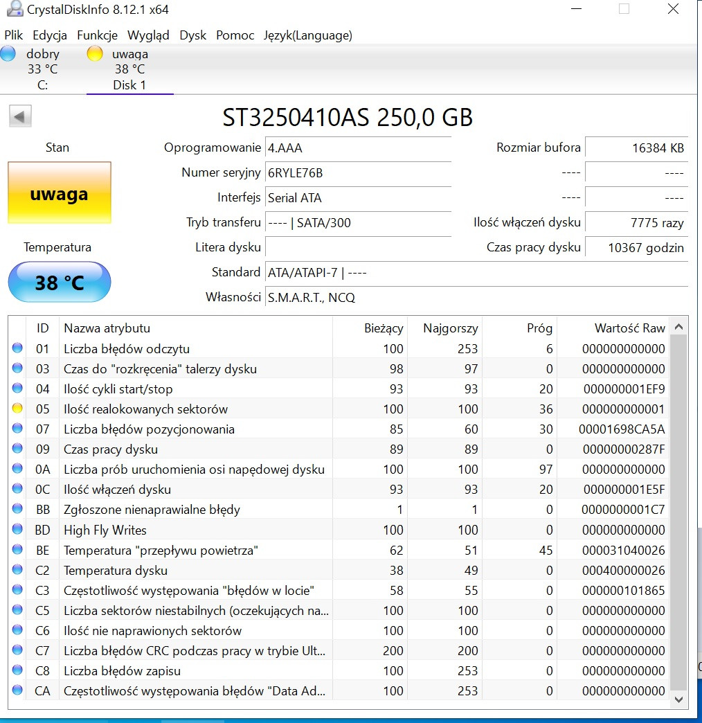 ST3250410AS - jeden realokowany sektor - obserwacja