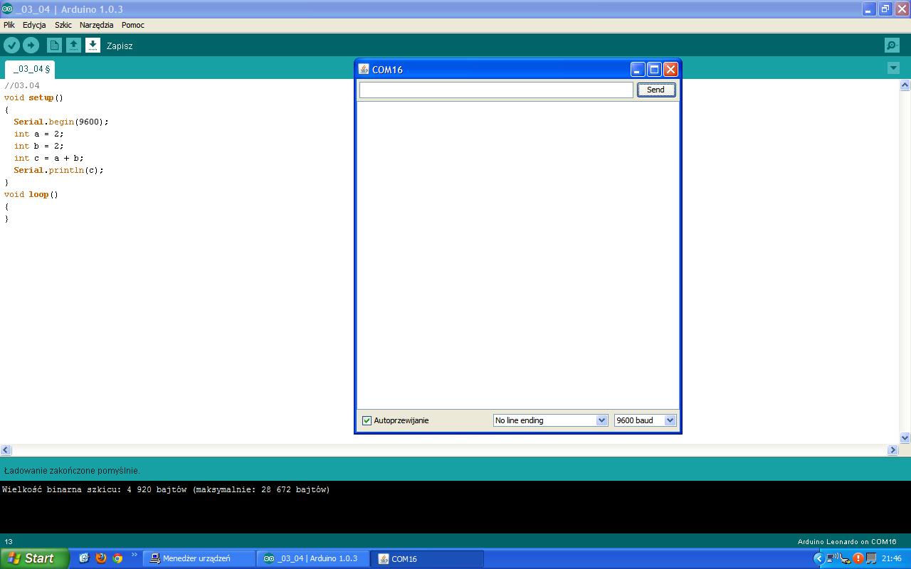 Monitor portu szeregowego Arduino Leonardo nie wyświetla danych po kompilacji