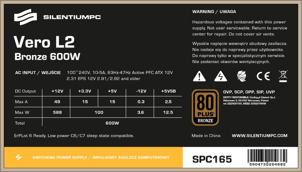 Zasilacz SilentiumPC Vero L2 600W SPC165 - brak napięć na WT7502, co ...