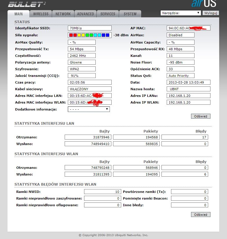 Ubiquiti Bullet 2 - tylko 19Mbps na 50m, pełne 70Mbps na telefonie