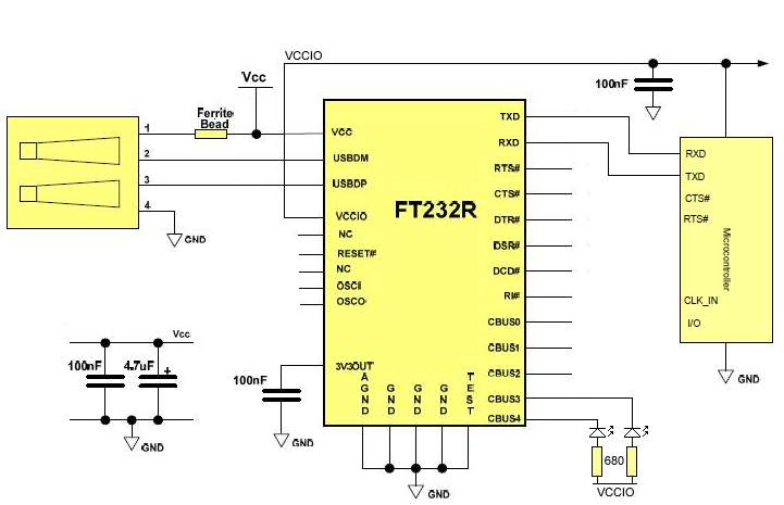 FT232RL i ATmega8 - poprawność schematu USB-RS232, LED do VCC?
