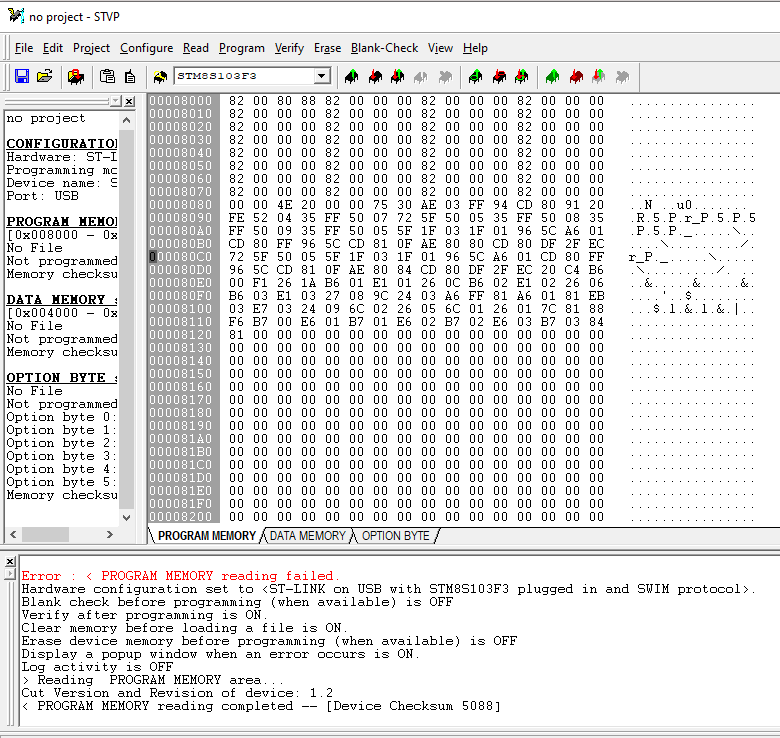 Problem z zaprogramowaniem STM8S003 za pomocą ST-Link