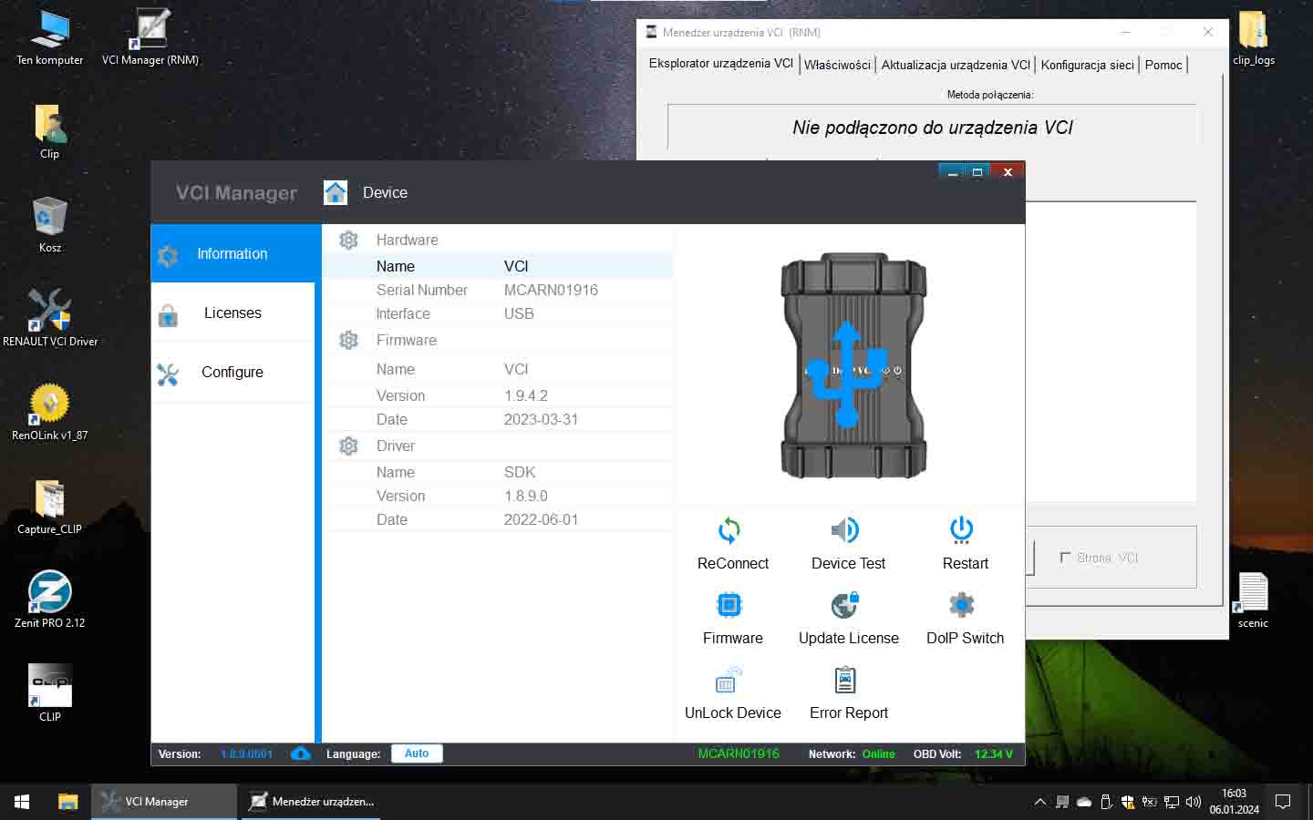 VCI Manager nie wykrywa sondy Renault VCI 230 na Win10 32bit
