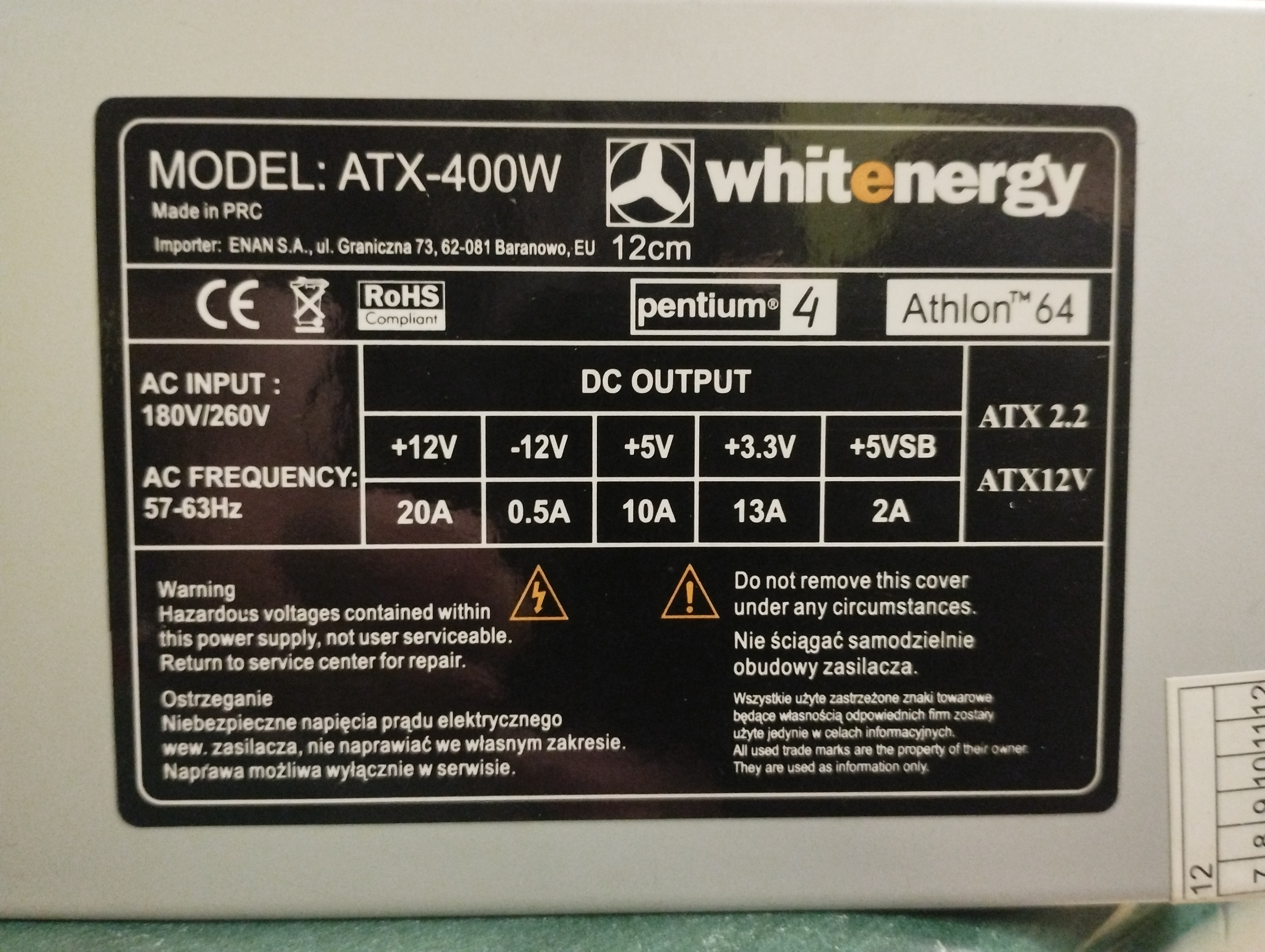 [Rozwiązano] ATX Whitenergy model ATX 400 startuje z żarówką 60W, bez ...