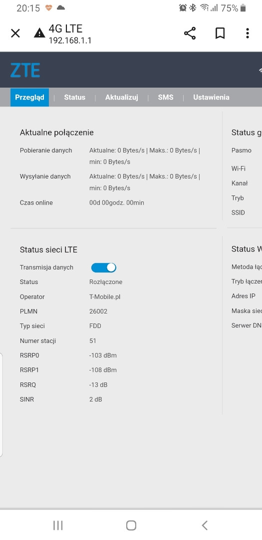 Modem ZTE MF 258 brak internetu z T-Mobile: brak połączenia LTE, karta SIM sprawna