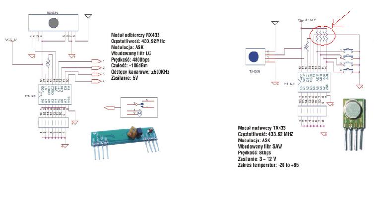 Jakie rezystory przy zasilaniu 12V dla układów RX433 i TX433?