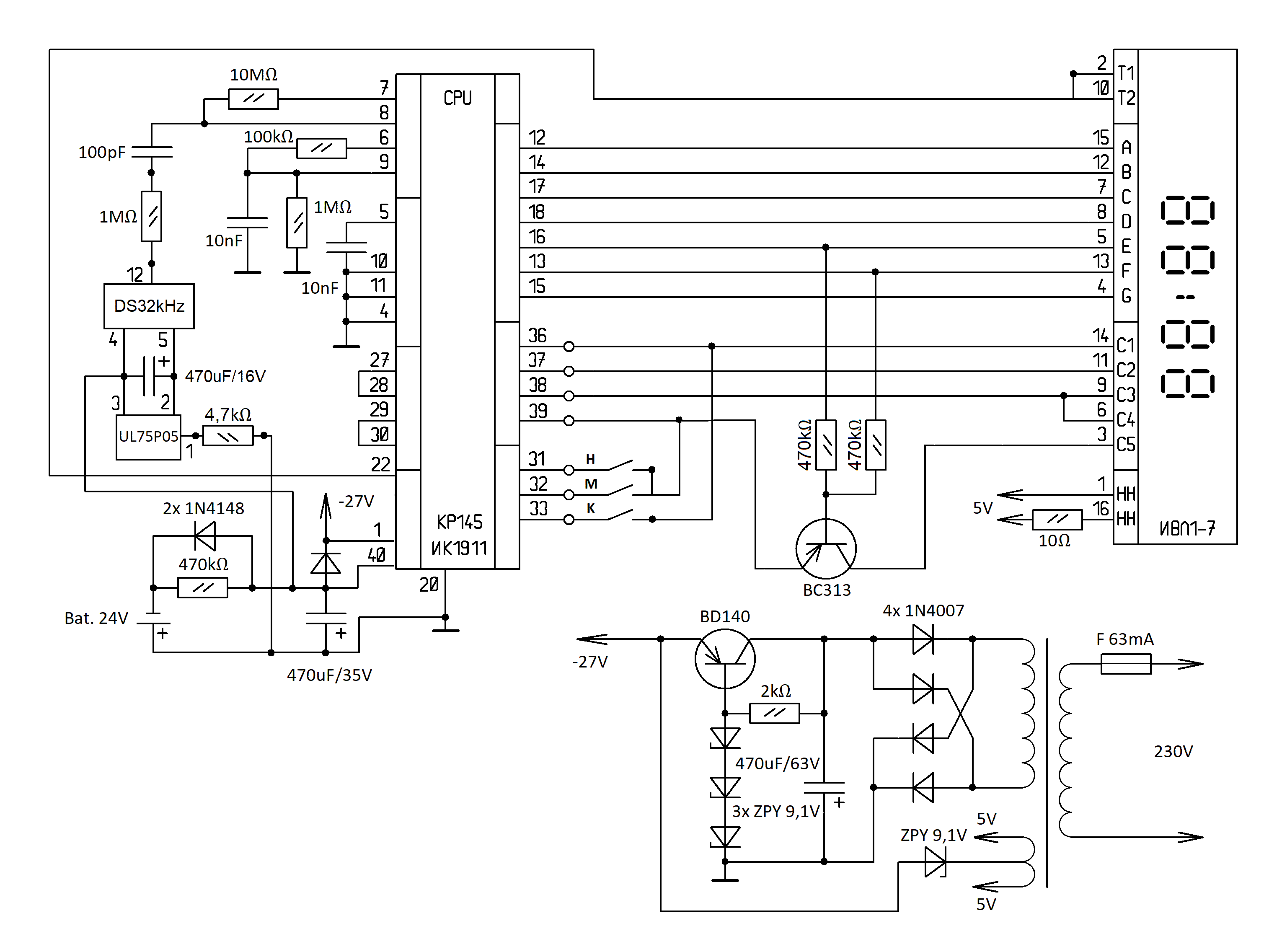 Clock with VFD display IVL1-7/5 based on KR145IK1911 and DS32kHz