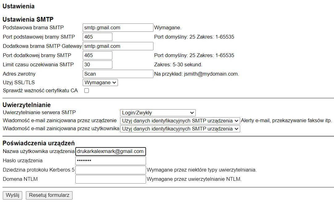 Lexmark X654de - Skanowanie do e-mail. Jaki serwer ustawić bo gmail już ...