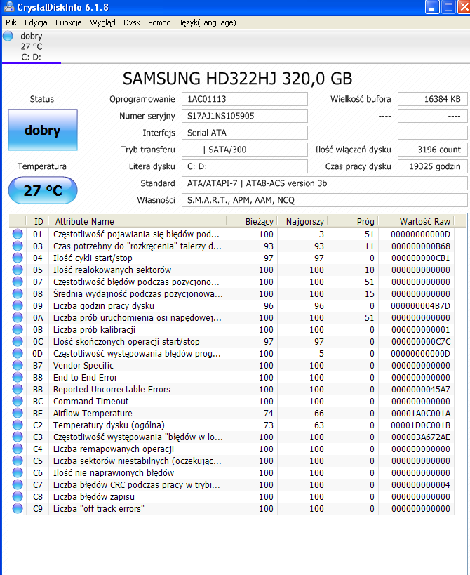 Samsung HD322HJ 320GB - Ocena kondycji dysku na podstawie SMART i HD Tune