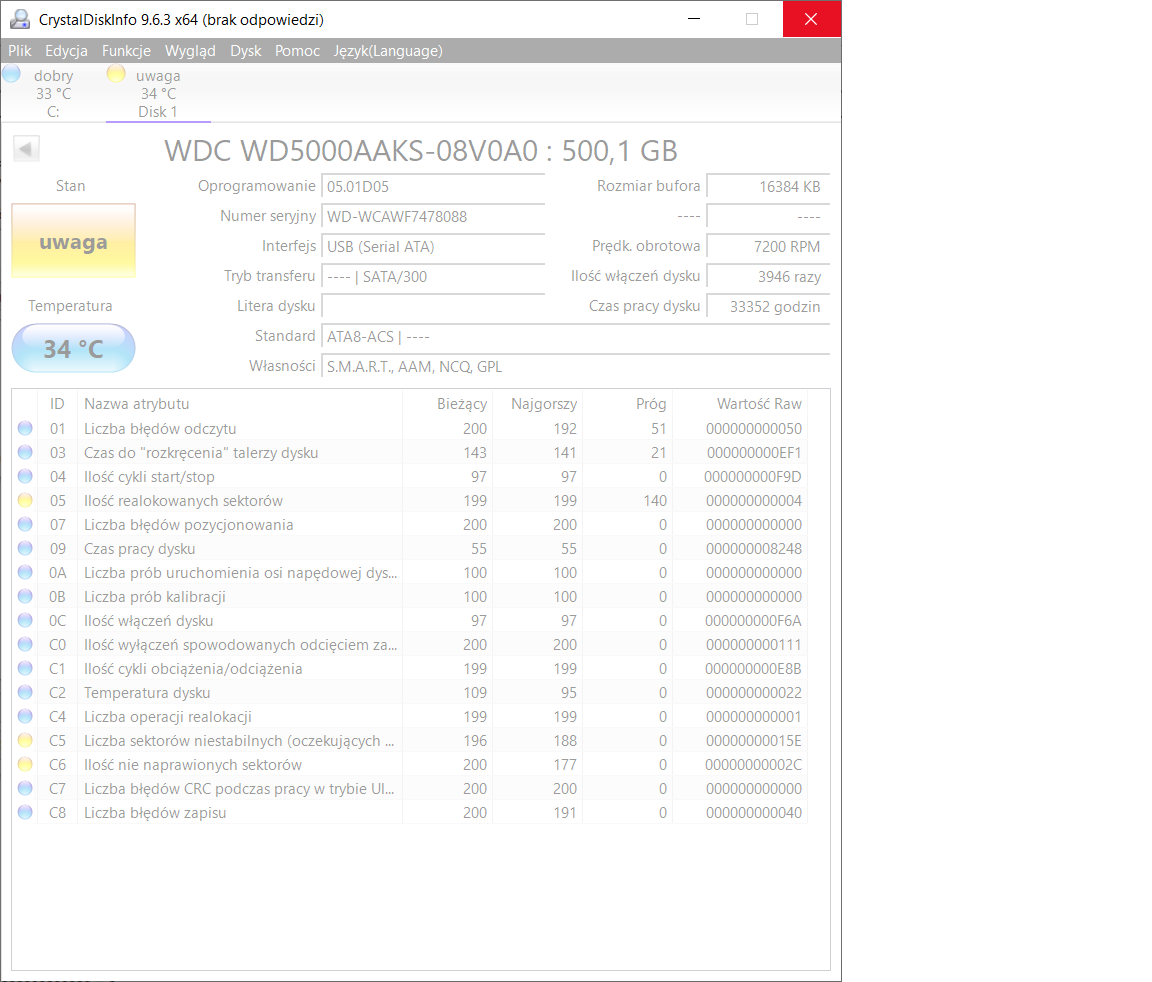 WDC WD5000AAKS-08V0A0 – błąd 1962, CRC error, dysk widoczny w BIOS, jak ...