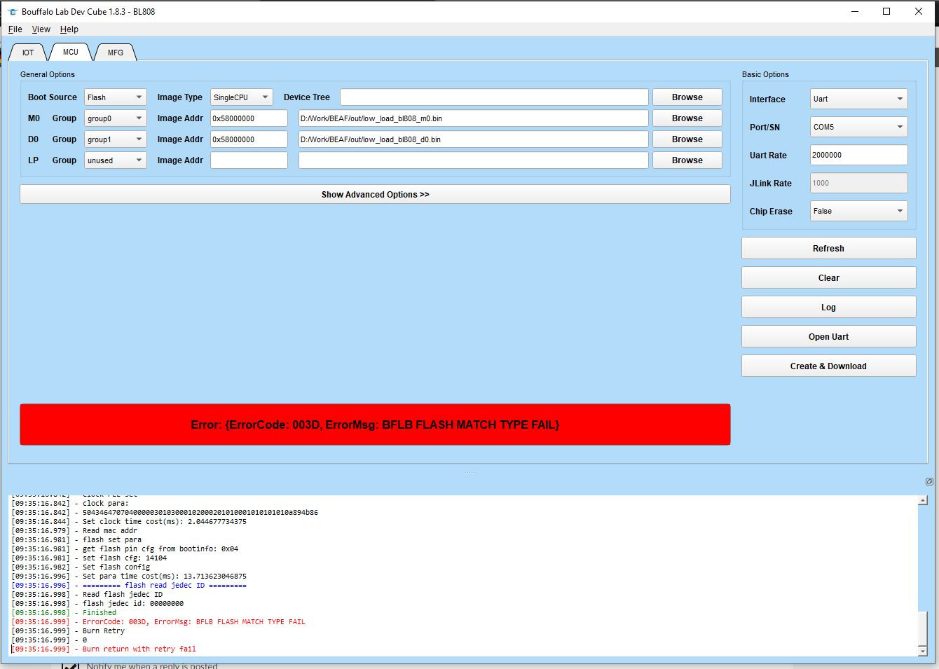 BL 808 not Flashing showing following error "ErrorCode: 003D, ErrorMsg: BFLB FLASH"