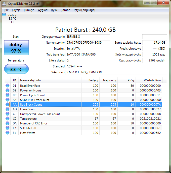 [Rozwiązano] Czy parametr Bad Block Count w dyskach SSD jest powodem do ...