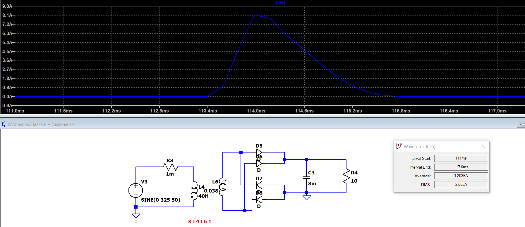 Wyznaczanie wartości średniej i skutecznej prądu dla diody w LTSpice: Dobór obszaru przebiegu