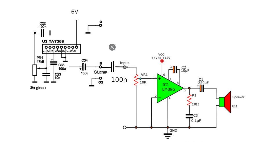 Podłączenie LM386 do TA7368 przez kondensator 100nF - jakie efekty?