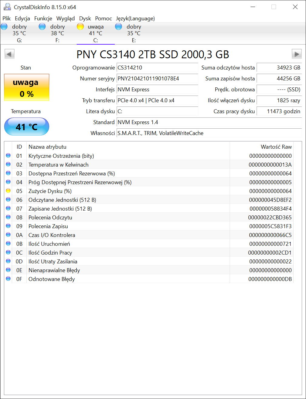 SSD PNY CS3140 - CrystalDiskInfo wskazuje na zużycie dysku