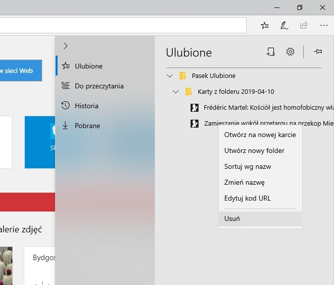Usuwanie linków z ulubionych w Edge na Windows 10 bez prawego przycisku