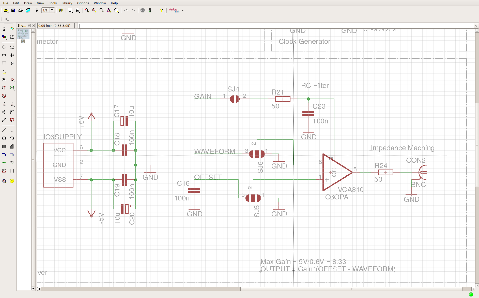 VCA810 - Napięcie -5V na wejściu odwracającym, sygnał stłumiony do zera