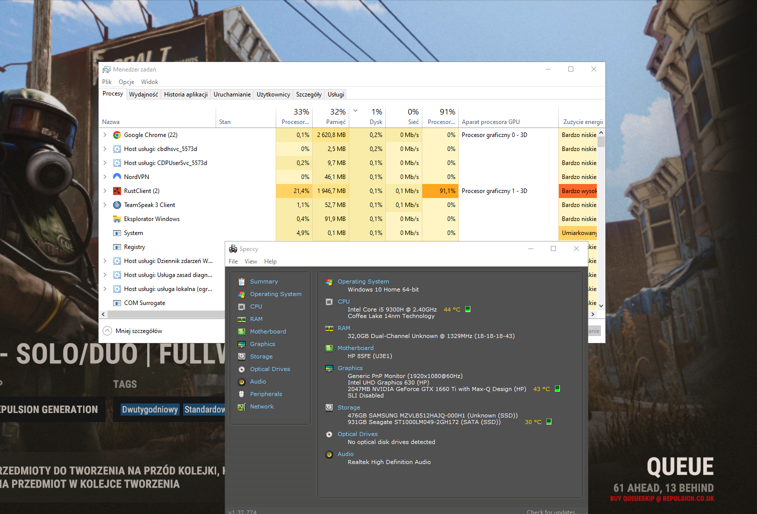 Zużycie Procesora graficznego 90% /Temp Procesora +20stopni Rust/ Laptop HP