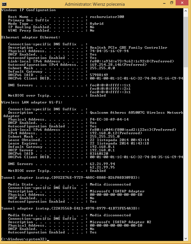 Brak internetu przez kabel ethernet, Wi-Fi działa - Windows, INEA, DHCP