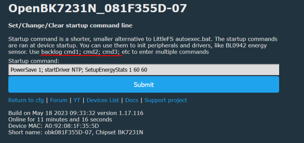 OBK Startup Command Line: PowerSave, startDriver NTP, SetupEnergyStats ...