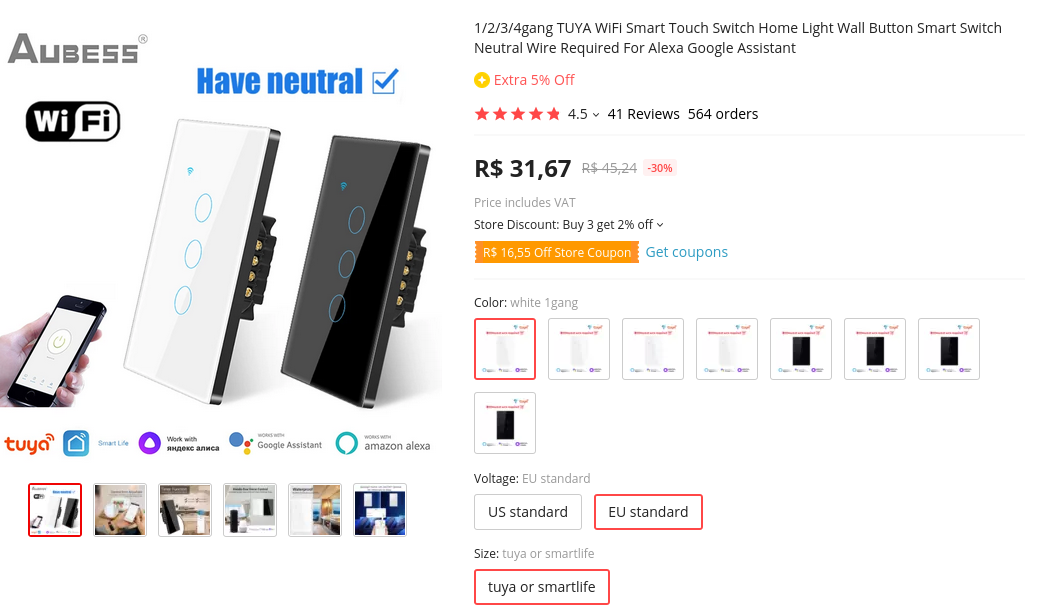 [BK7231N / CB3S] Aubess Tuya Wifi Smart Touch Switch 4 Gang W/ Neutral