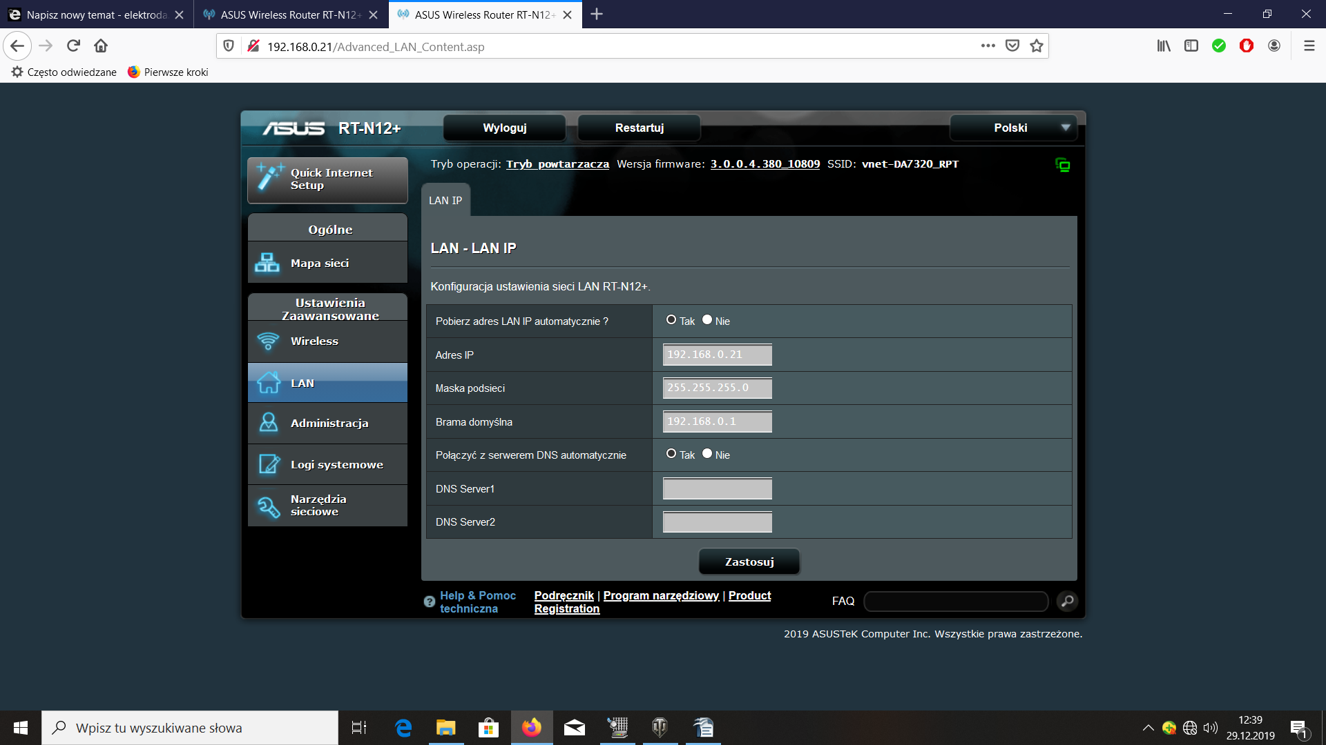 Internet, dwa routery ( modem z Vectry Cisco EPC3928 + RT-n12+)