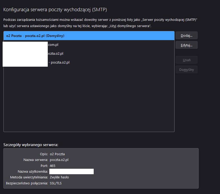 Thunderbird 102.5.1, konto o2.pl IMAP: błąd połączenia, sprawdź ustawienia serwera