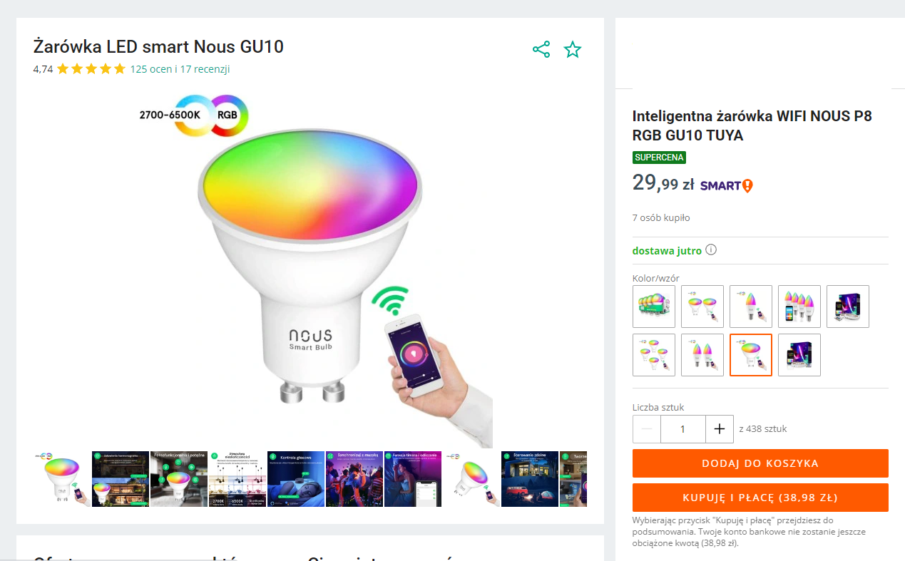 Nous Smart WiFi Bulb P8 RGBCW, GU10, EB01-B + BP5758, pinout WiFi