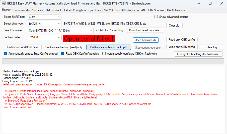 Failed connection to tuya chip via open beken gui program and PL2303HX
