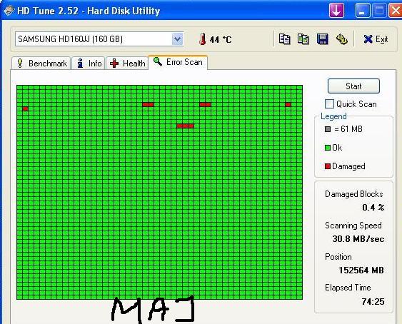 Samsung HD160JJ 160GB SATA – narastająca liczba bad sektorów, dysk na ...
