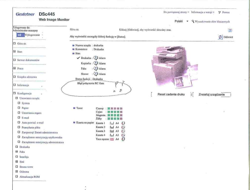 Jak wyłączyć komunikat Błąd połączenia RC Gate w Ricoh 3245C?
