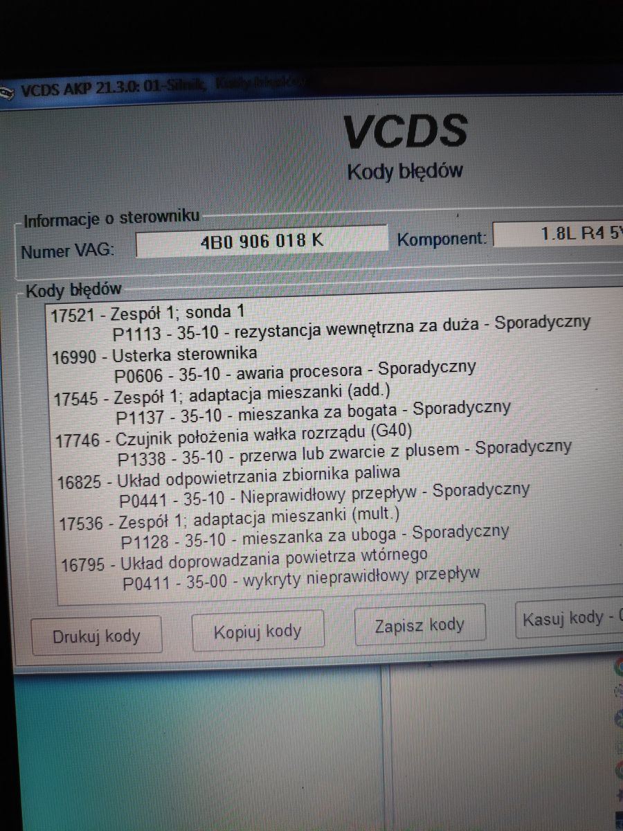 Diagnoza kulejącego Audi A4 B5 1.8T ANB z LPG - Błędy VCDS