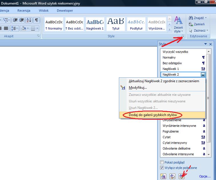 Jak przywrócić usunięty styl Nagłówek 2 w Word 2007?