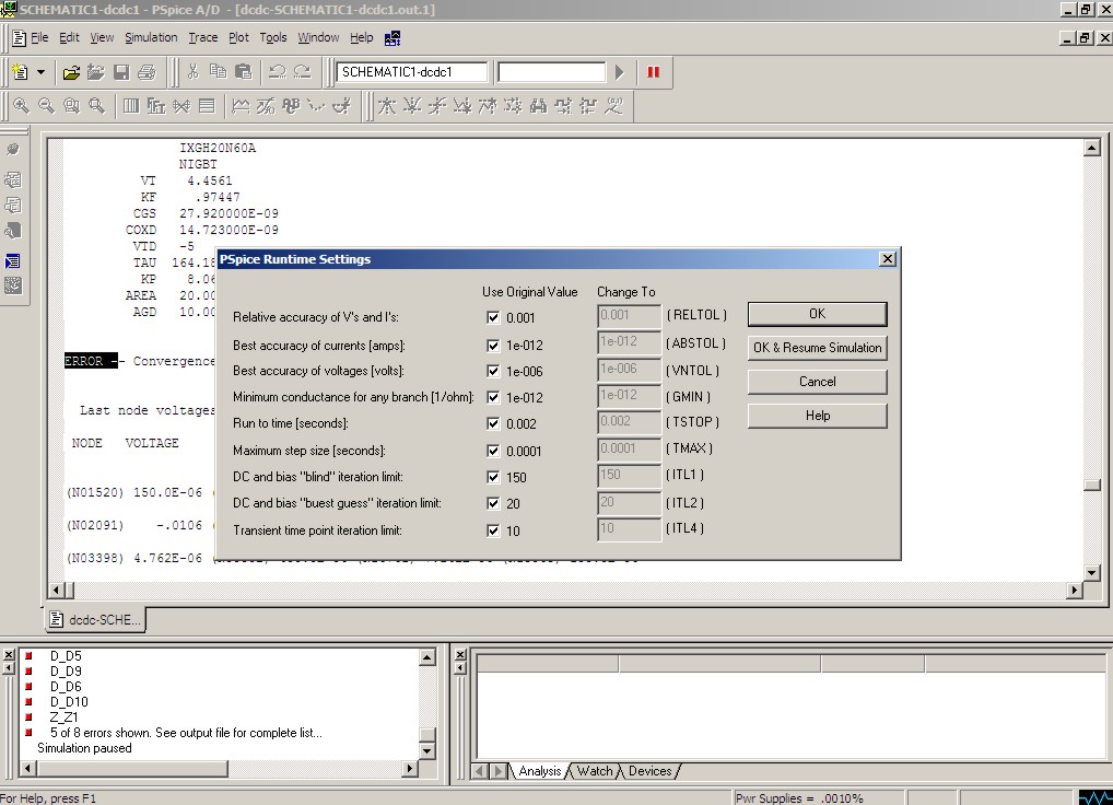 Błąd konwergencji w symulacji przekształtnika DC/DC w Orcad Pspice 9.2