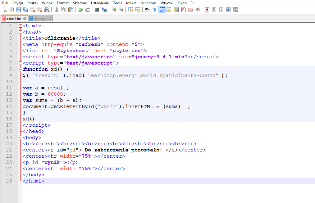 Jak stworzyć skrypt JS odliczający od 100k z danymi z innej strony?