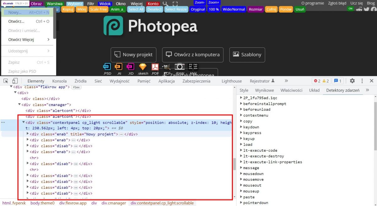 Photopea - CSS odblokowanie menu/usunięcie paska reklam.